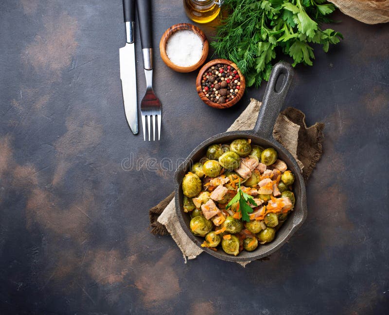 Roasted Brussels Sprouts with Meat Stock Image - Image of fresh ...