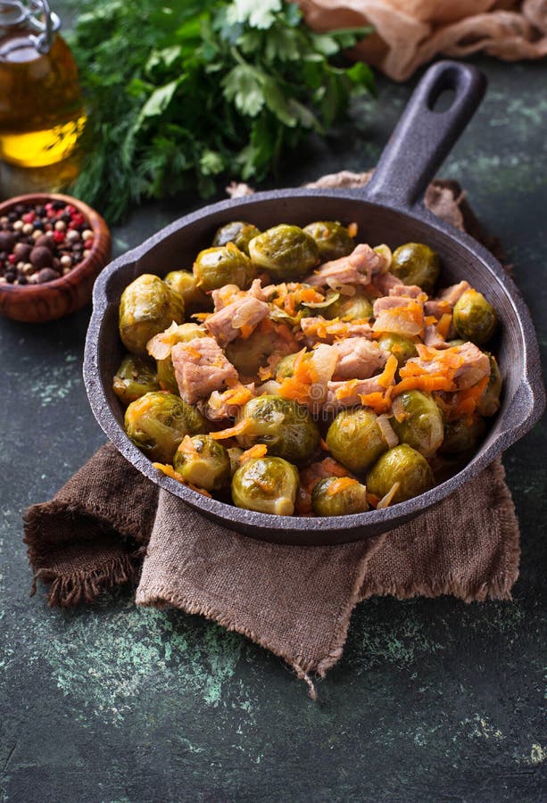 Roasted Brussels Sprouts with Meat Stock Photo - Image of appetizing ...