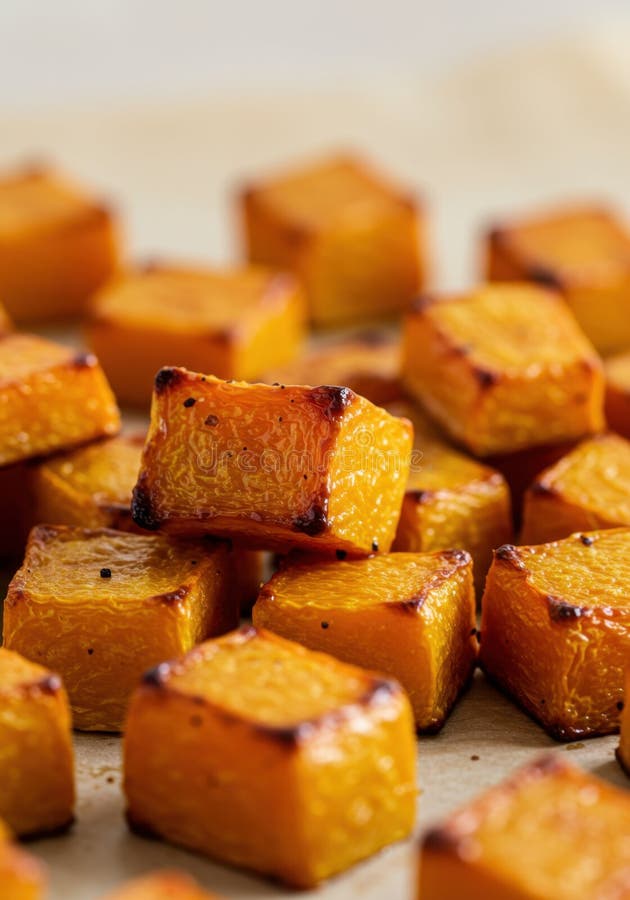 Roasted Butternut Squash Cubes on Parchment Paper Stock Illustration ...