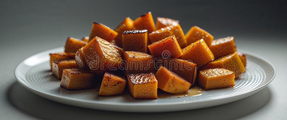 Roasted Butternut Squash Cubes on a White Plate Stock Image - Image of ...