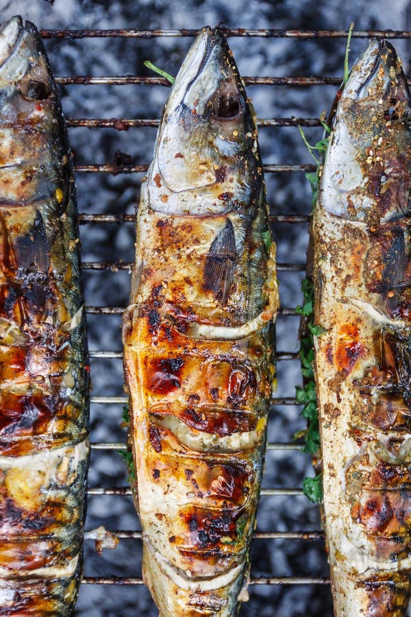 Roasted Carcass Fish Mackerel Cooked on the Grill, Top View, Close-up ...