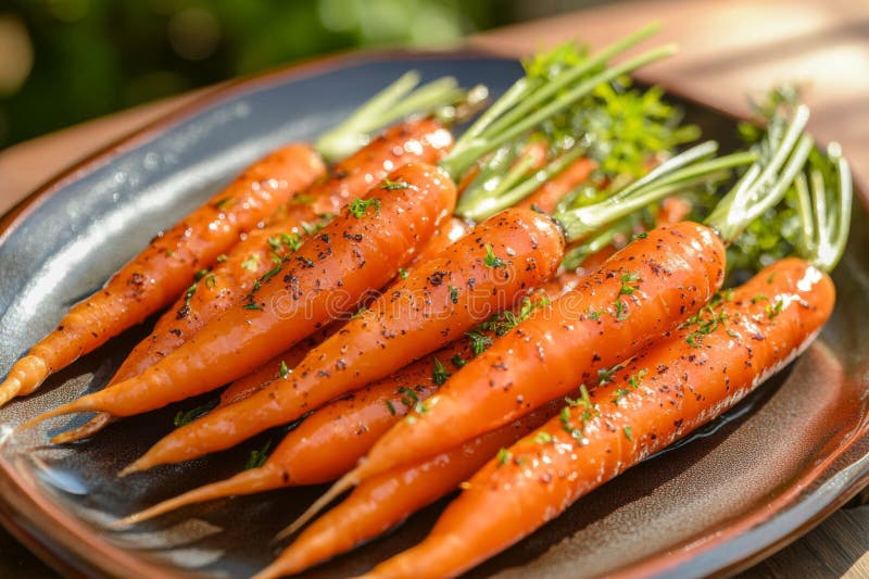 Roasted Carrots with Herbs and Spices on a Brown Plate Stock ...
