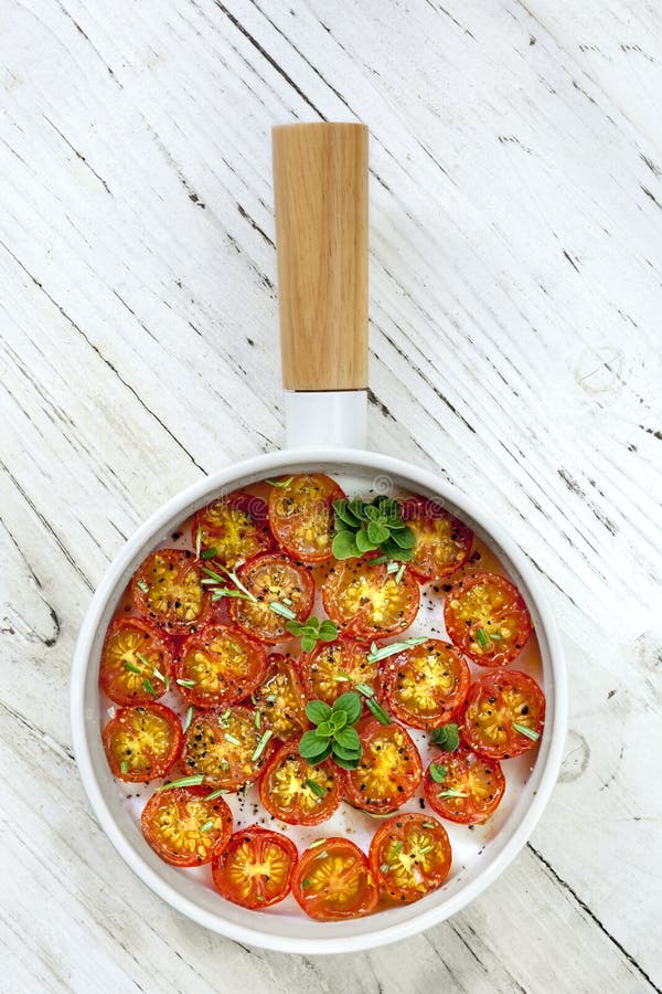 Roasted Cherry Tomatoes Top View Stock Photo - Image of frypan ...
