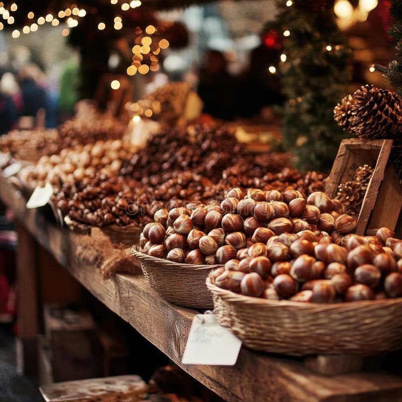Roasted Chestnuts in Baskets at a Market Stall Stock Illustration ...