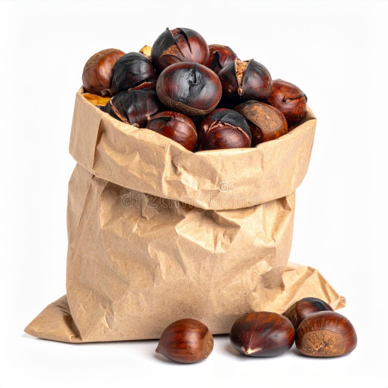 Roasted Chestnuts in Brown Paper Bag on White Background Stock ...