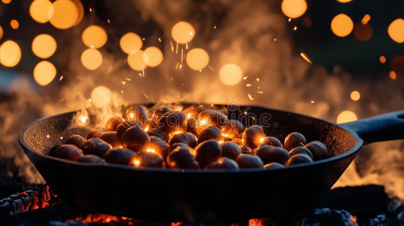 Roasted Chestnuts in Cast Iron Pan Over Open Fire Stock Photo - Image ...