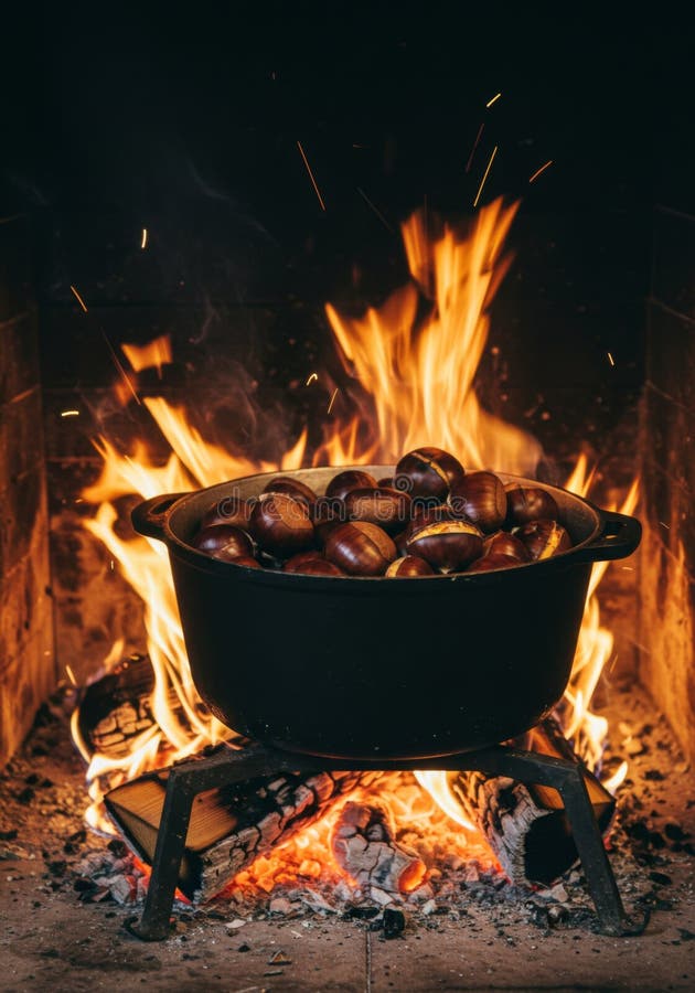 Roasted Chestnuts in Cast Iron Pot Over Open Fire Stock Illustration ...