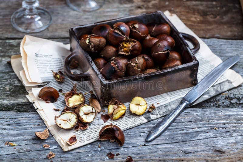 Roasted Chestnuts in an Old Box. Selective Focus. Stock Image - Image ...