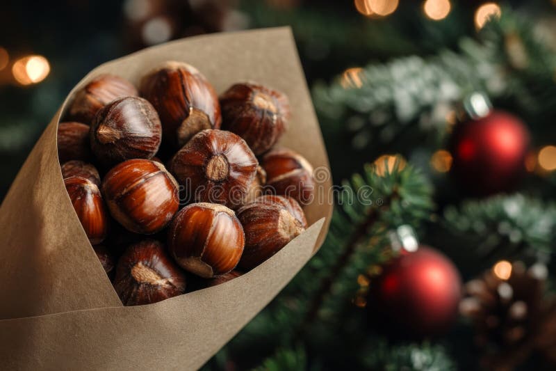 Roasted Chestnuts in a Paper Bag with a Christmas Tree in the ...