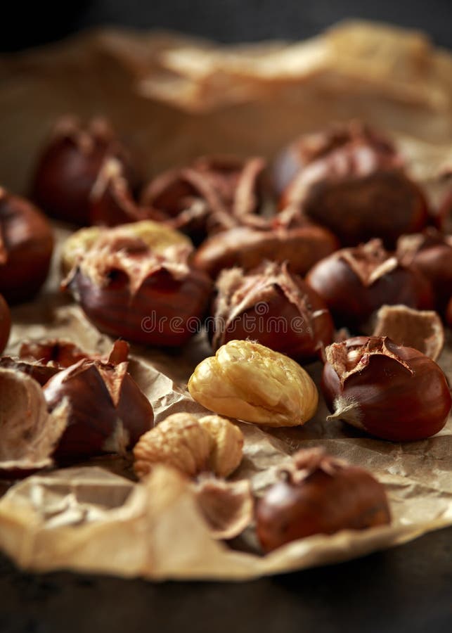 Roasted Chestnuts Served on Crumpled Paper. Food Stock Photo - Image of ...