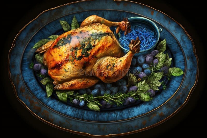 A Roasted Chicken on a Blue Platter. AI Stock Illustration ...