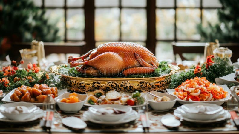 Roasted Chicken Centerpiece on a Festive Holiday Table Stock ...