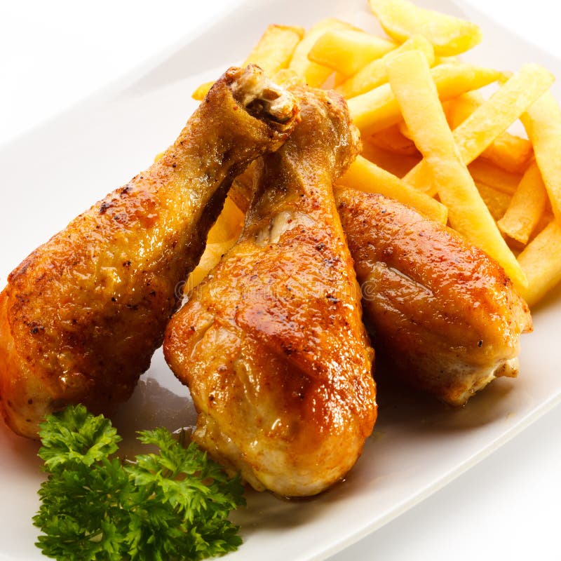 Roasted Chicken Drumsticks with Chips Stock Image - Image of food, diet ...