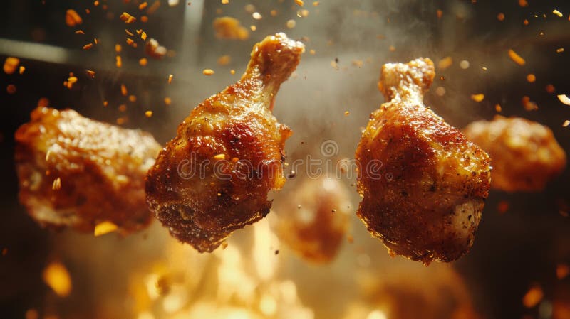 Roasted Chicken Drumsticks in Mid Air with Flames Stock Illustration ...