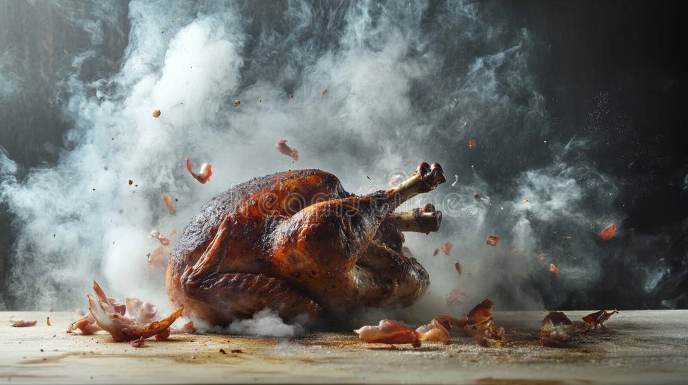 Roasted Chicken Explosion with Bacon and Smoke Stock Illustration ...