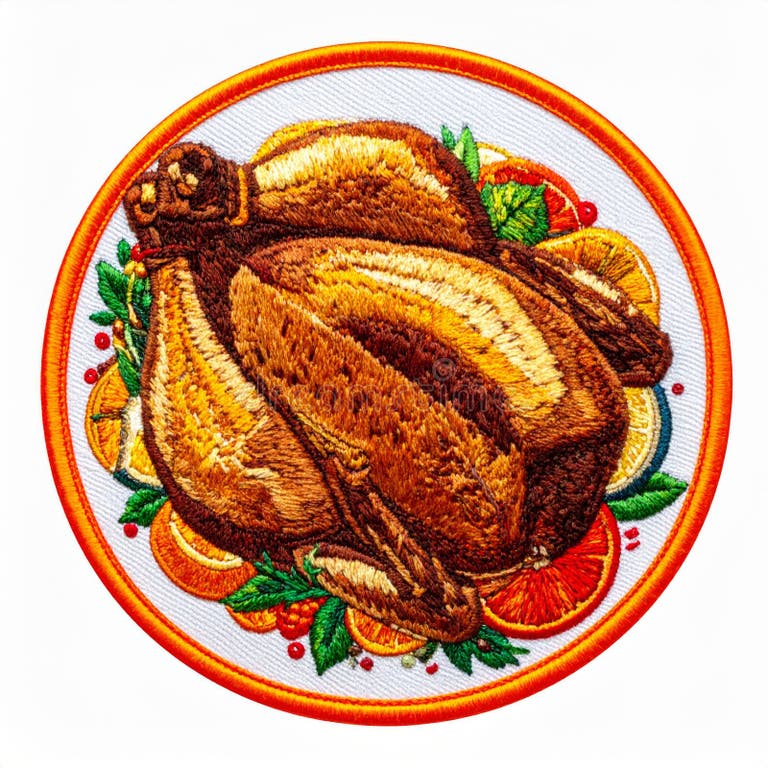 Roasted Chicken on Festive Plate Embroidery Patch Stock Illustration ...