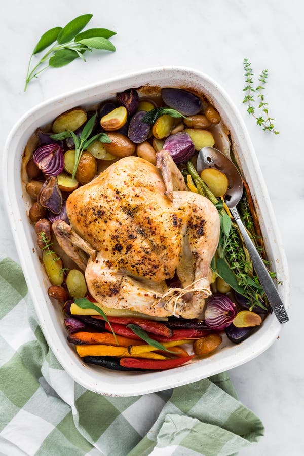 A Roasted Chicken with Fresh Vegetables in a Roasting Pan, Ready for ...