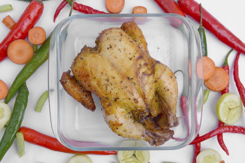 Roasted Chicken in Glass Baking Tray with Vegetables Stock Image ...