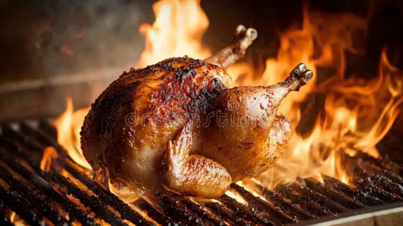 Roasted Chicken Grilling Over Open Flames on a Barbecue Grill Stock ...