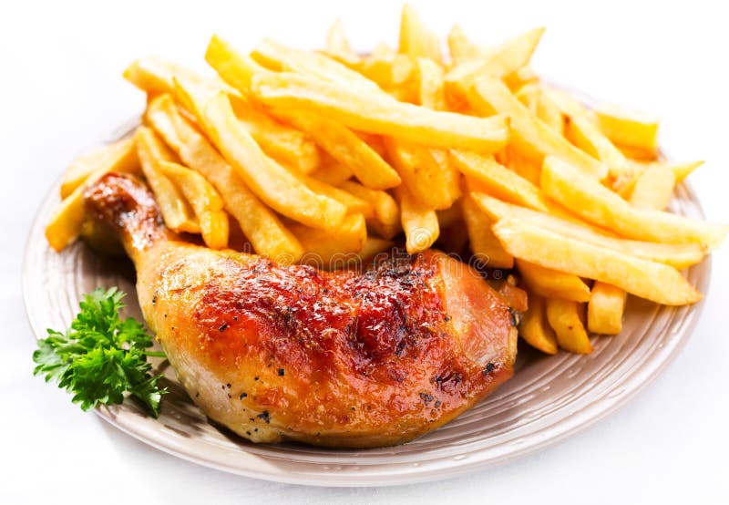 Roasted Chicken Leg with Fries Potato Stock Photo - Image of herb ...