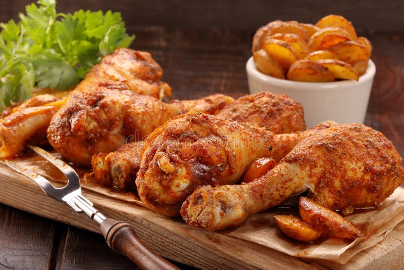 Grilled Chicken Leg With Chips And Vegetables Stock Photo - Image of ...