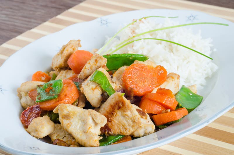 Roasted Chicken with Mixed Vegetables and Rice Stock Photo - Image of ...