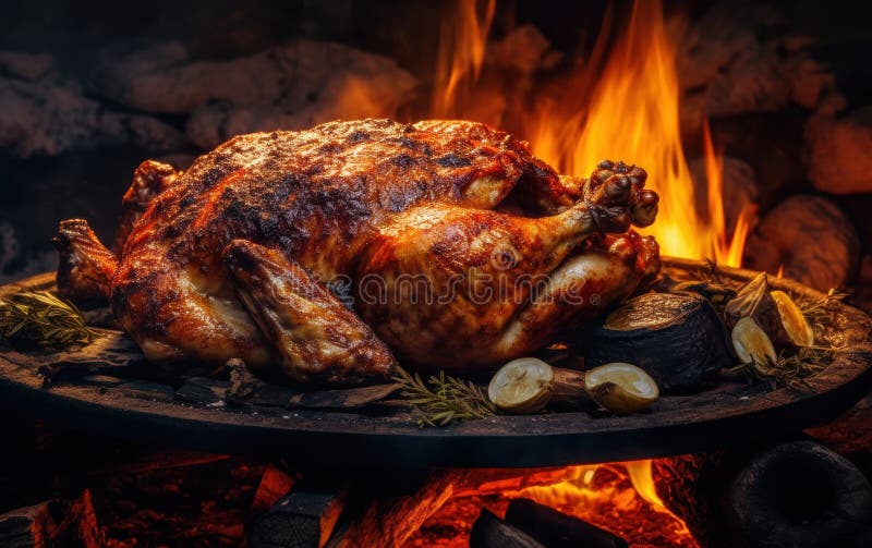 Roasted Chicken Over a Bonfire. Created by Generative Artificial ...