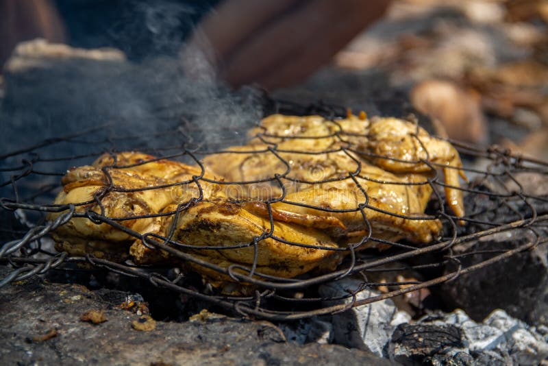 Roasted Chicken on a Pile of Rocks by the Beach Stock Photo - Image of ...