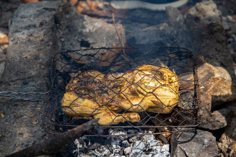 Roasted Chicken on a Pile of Rocks by the Beach Stock Photo - Image of ...
