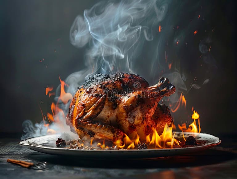 A Roasted Chicken on a Plate with Flames Coming Out of it Stock Image ...