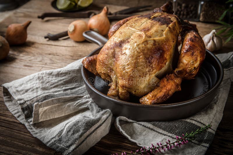 Roasted chicken on plate. stock photo. Image of baked - 101181036
