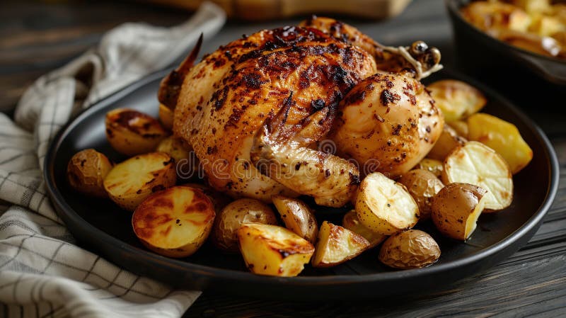 Roasted Chicken with Potatoes on Dark Plate Stock Illustration ...