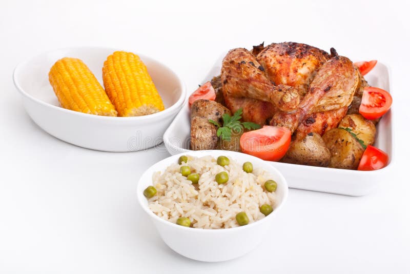 Roasted Chicken, Potatoes,rice, Corn Stock Photo - Image of fresh ...