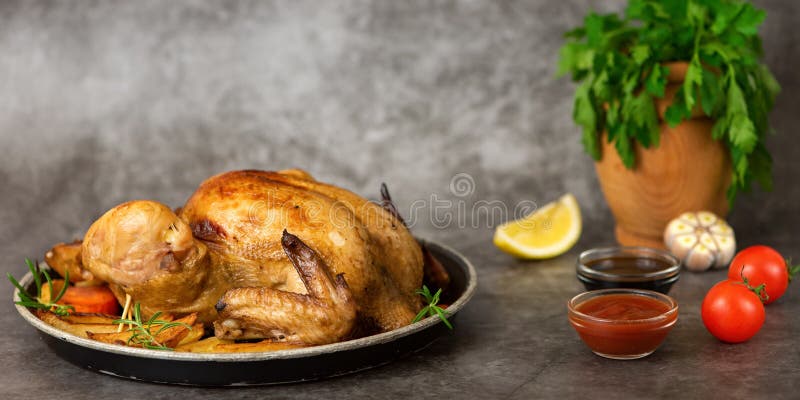 Roasted Chicken, Potatoes and Vegetables in Plate on Grey Background ...