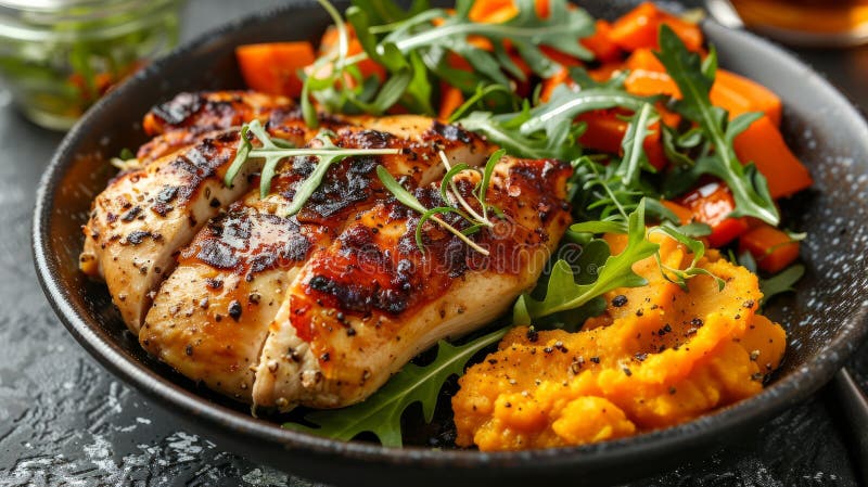 Roasted Chicken with Pumpkin Puree and Greens Stock Photo - Image of ...