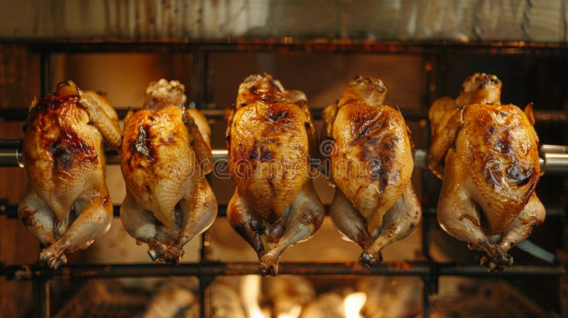 Roasted Chicken in a Row Turning at Industrial Roaster Stock Image ...