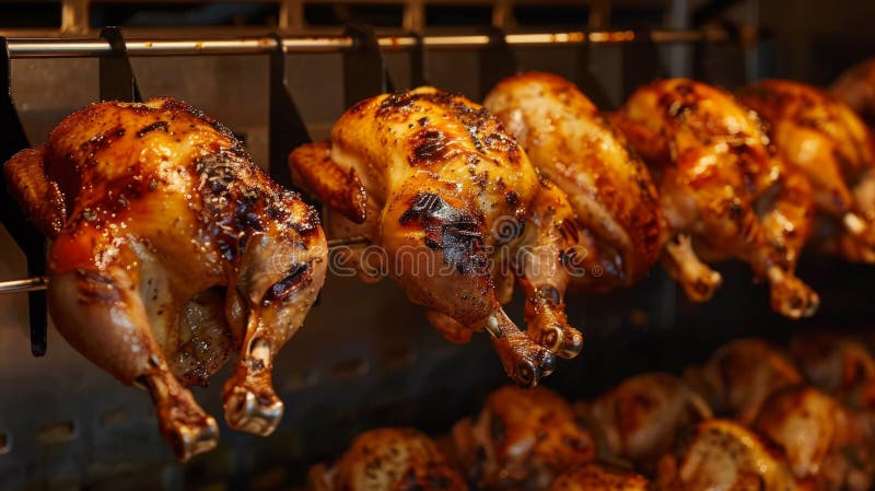 Roasted Chicken in a Row Turning at Industrial Roaster Stock Photo ...
