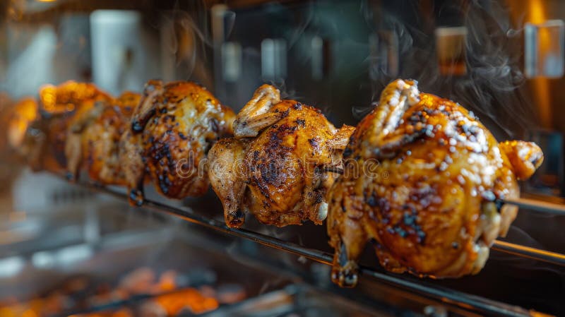 Roasted Chicken in a Row Turning at Industrial Roaster Stock Photo ...