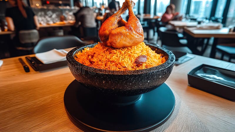 Roasted Chicken on Saffron Rice, Modern Restaurant Stock Photo - Image ...