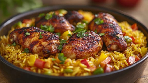 Roasted Chicken with Saffron Rice and Peppers Stock Illustration ...