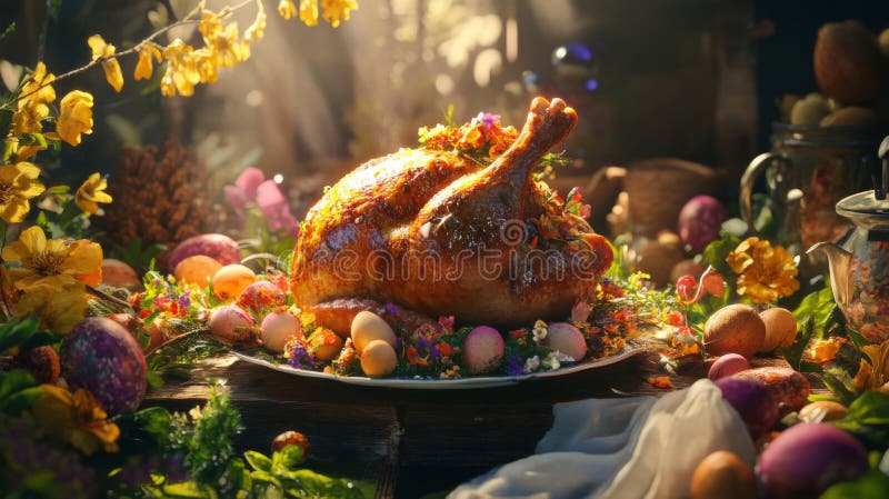 Roasted Chicken with Spring Flowers and Easter Eggs on Rustic Table ...