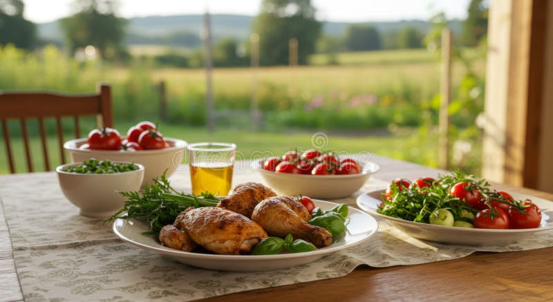 Roasted Chicken with Summer Vegetables on Rustic Table Outdoors Stock ...
