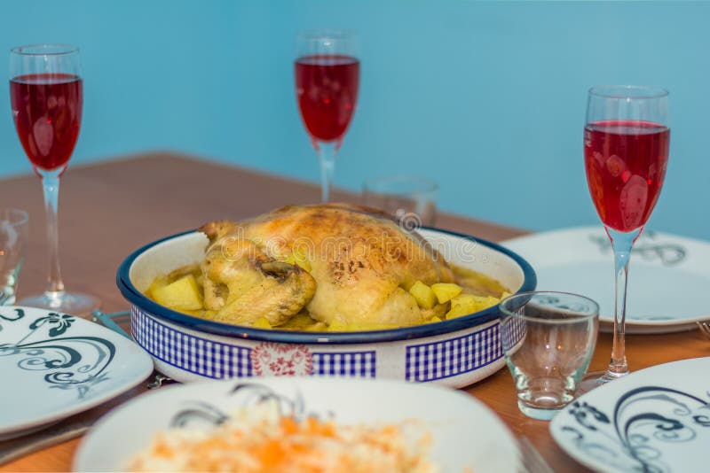 Roasted chicken on table stock photo. Image of horizontal - 89928212