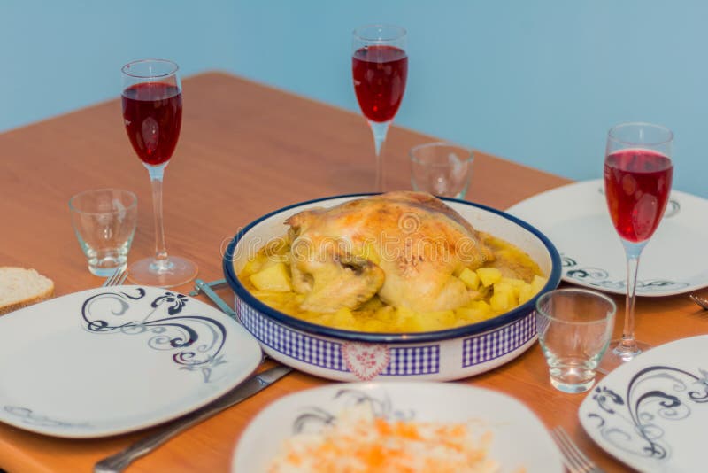 Roasted chicken on table stock image. Image of drink - 89928293