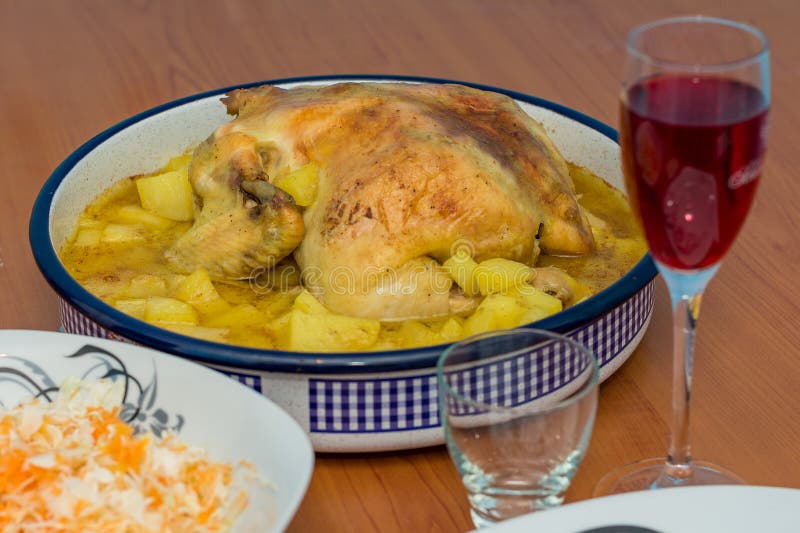 Roasted chicken on table stock photo. Image of break - 89928384