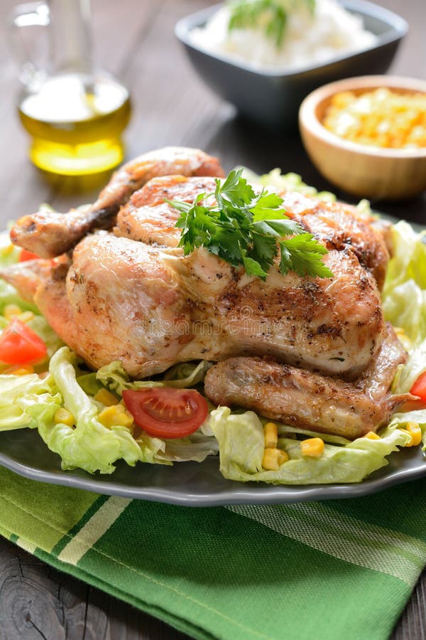 Roasted Chicken with Vegetable Garnish Stock Photo - Image of grilled ...