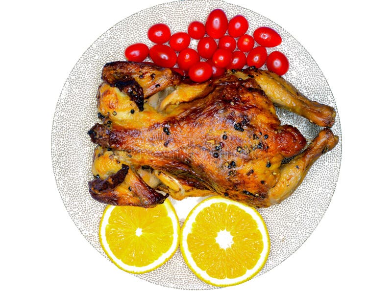 Roasted Chicken with Vegetable and Orange Slices on a Ceramic Pl Stock ...