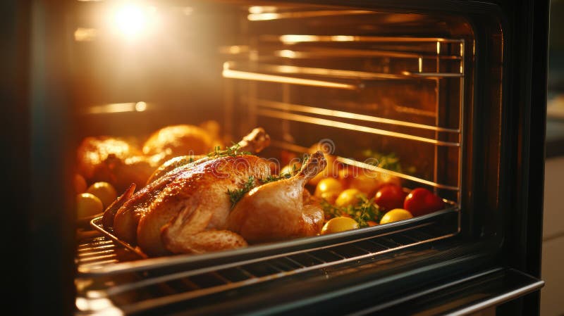 Roasted Chicken with Vegetables in Oven Under Warm Light, Aromatic ...