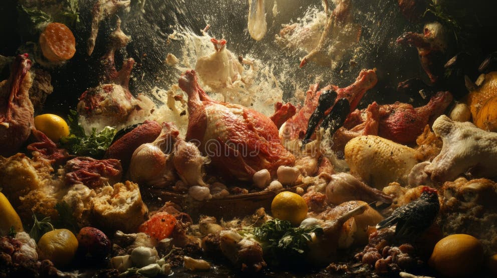 Roasted Chicken and Vegetables Splashing in Dark Studio Stock ...