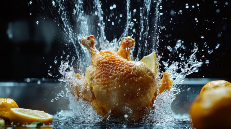 Roasted Chicken in Water Splash with Lemon Stock Illustration ...